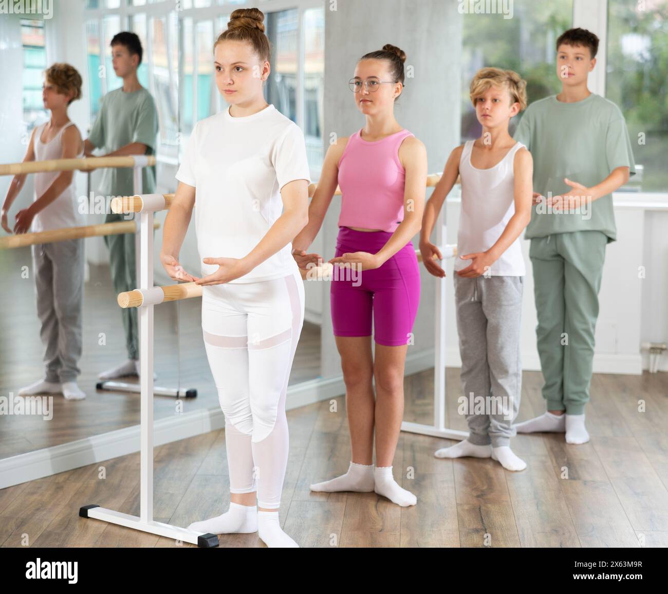 Girls and boys in ballet class perform first position Stock Photo - Alamy