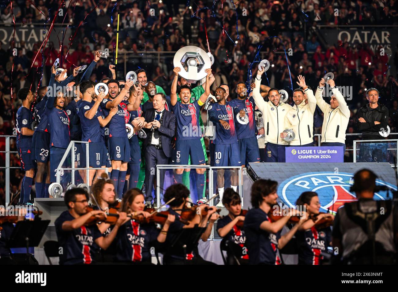Paris Saint-Germain players celebrate first place in the 2023-24 French ...