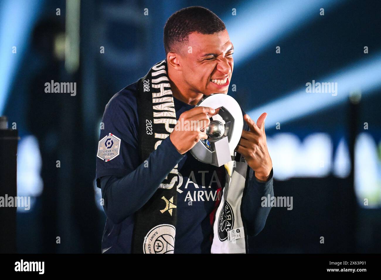 Kylian MBAPPE of PSG celebrates first place in the 2023-24 French Ligue ...