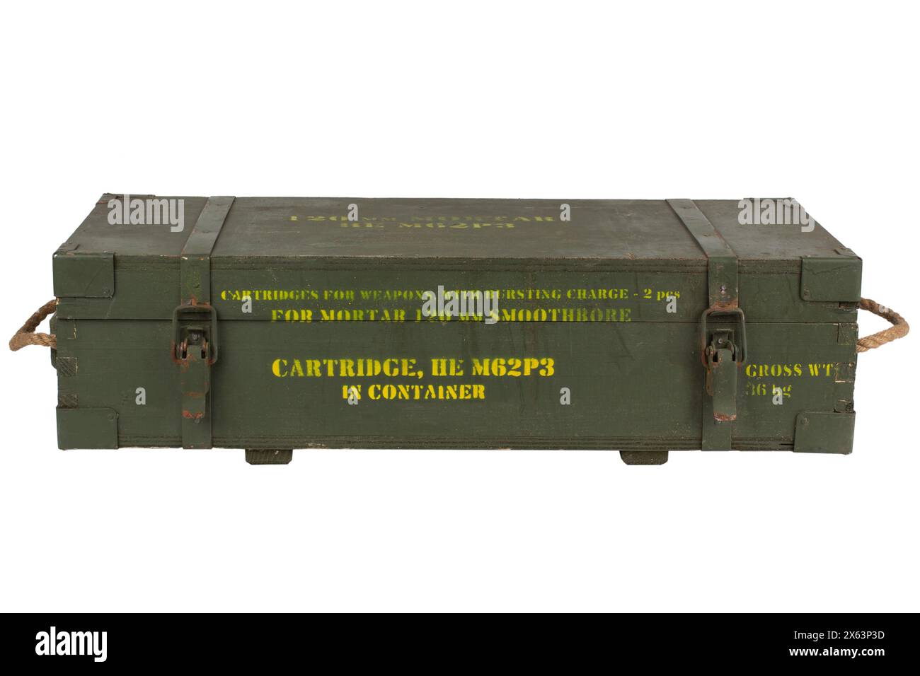 Ammunition crate green color for 120mm mortar shell isolated on white ...
