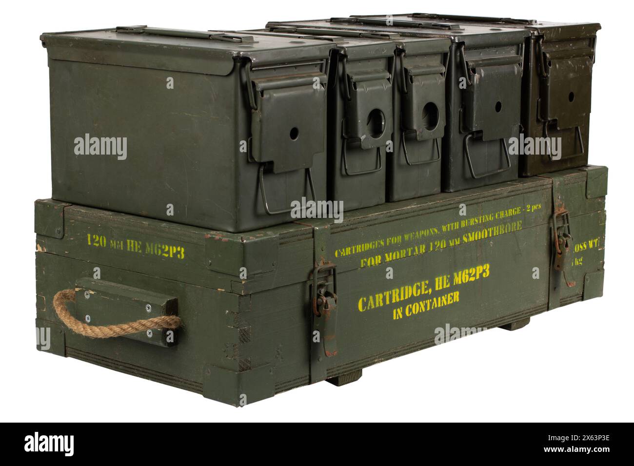 Ammunition crate green color for 120mm mortar shell and ammo boxes isolated on white background ...