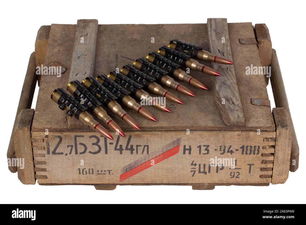 Soviet army crate for 12.7mm ammunition with ammo belt. Text in russian - type of ammunition ...