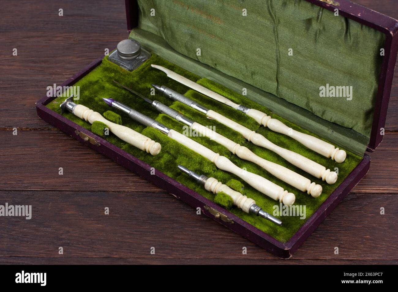 Vintage retro writing tools set in box Stock Photo - Alamy