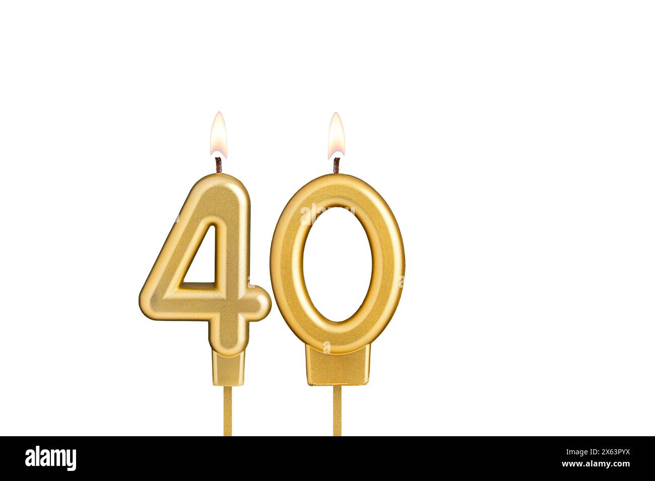 Golden number 40 birthday candle on white background Stock Photo - Alamy