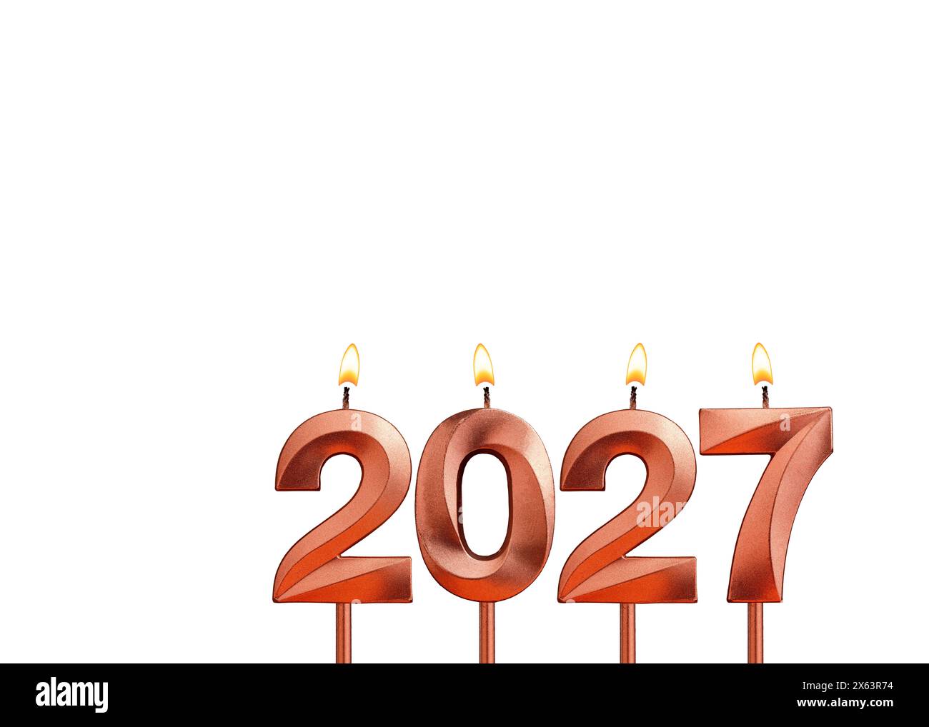 Happy New Year 2027 - Candles in the form of burning numbers on a white ...