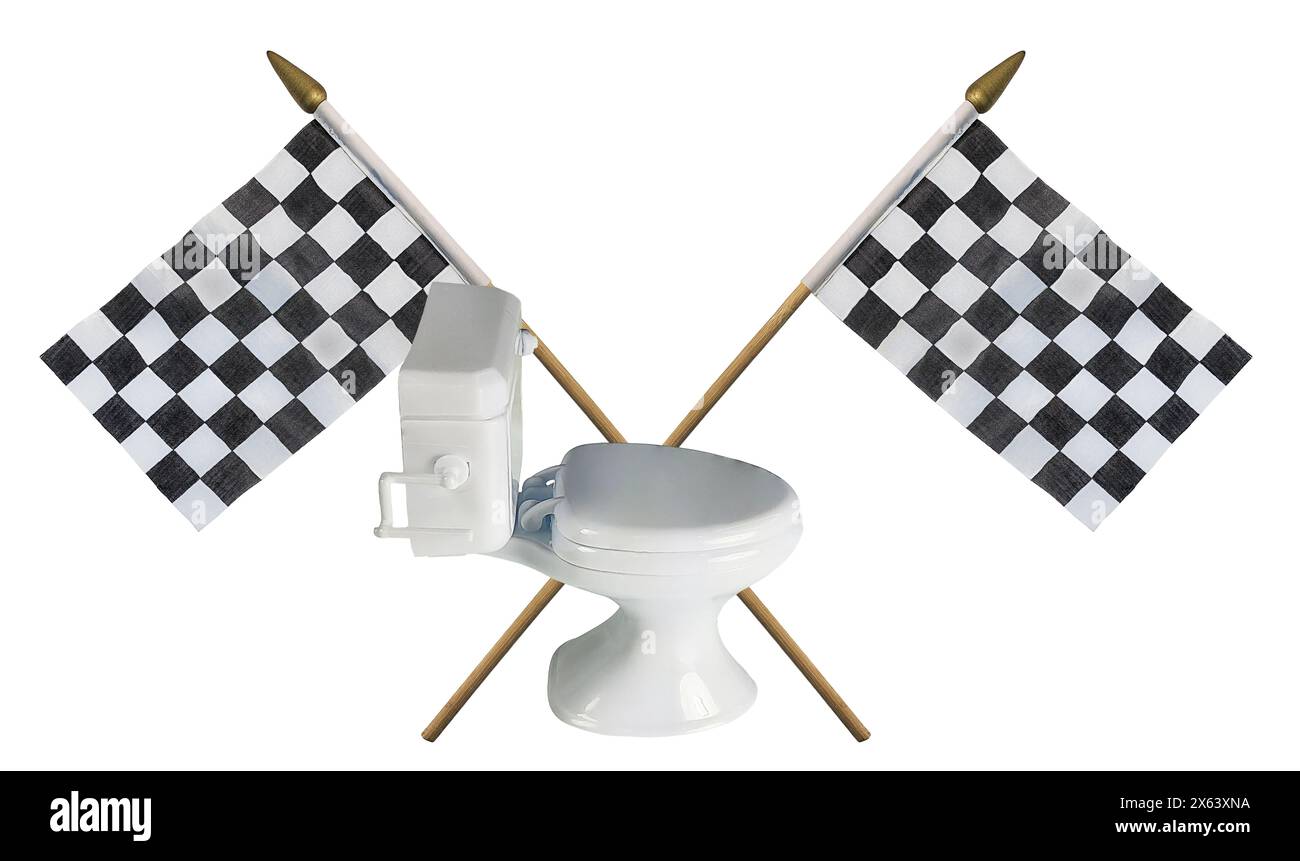 Plain white toilet viewed from the side with checkered flags to show ...