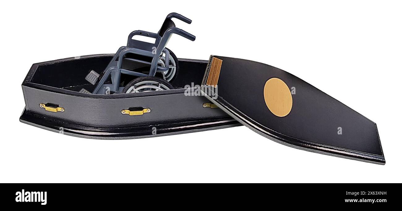 Wheelchair in an open Black Wooden Coffin Used to Bury People Who Have ...