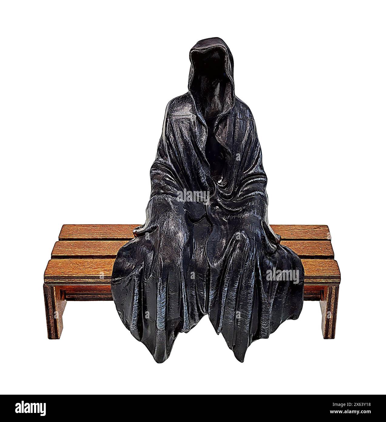 The impersonation of death as a figure awaits on a wooden bench Stock ...
