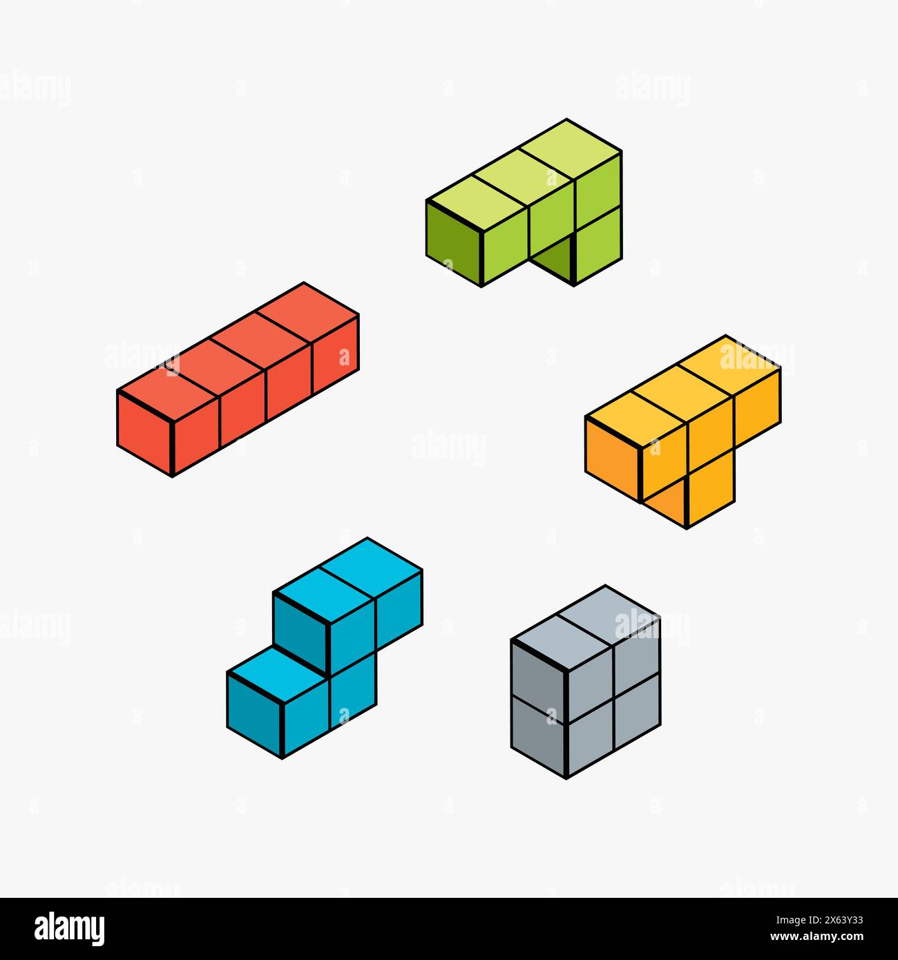 3d isometric retro game polygon puzzle. Geometric 3d block rectangle cube fun video game Stock ...