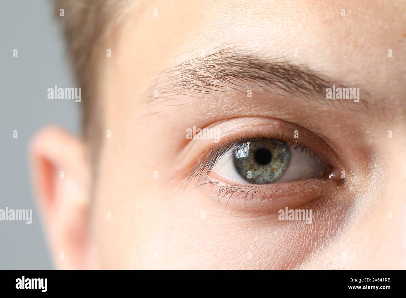 Perfect vision. Man with beautiful eyes on grey background, closeup ...