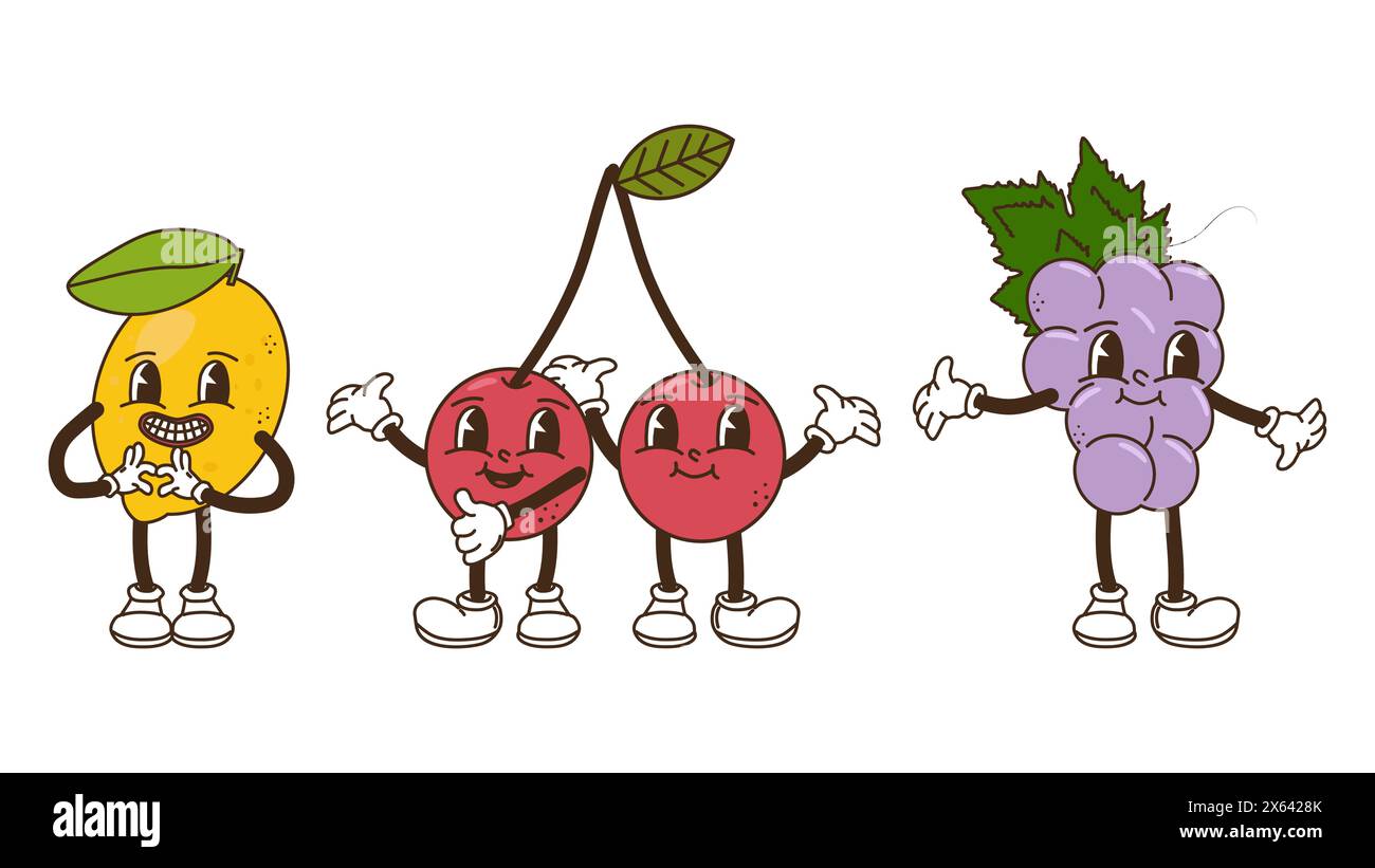 Fruits and berries in groovy style set. Lemon cherry and grapes ...