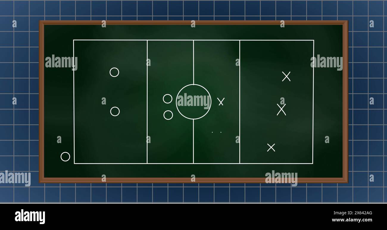 Imafe of a school blackboard showing soccer strategy with circles and ...