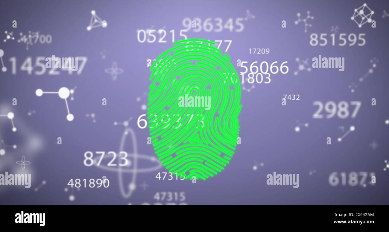 Image of fingerprint, changing numbers and floating nucleotides over ...