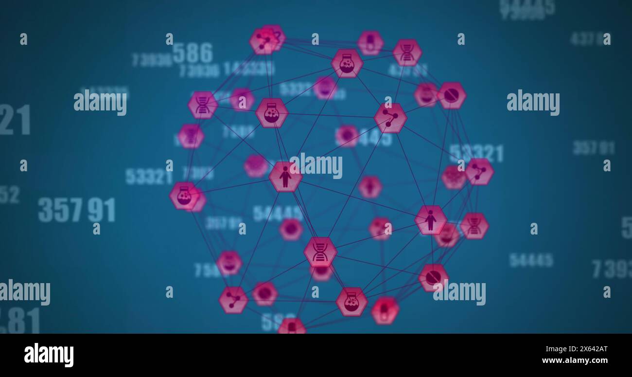 Image of connected icons globe and changing numbers over blue background Stock Photo - Alamy