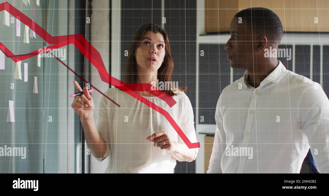 Image of red graphs moving over diverse man and woman discussing over ...