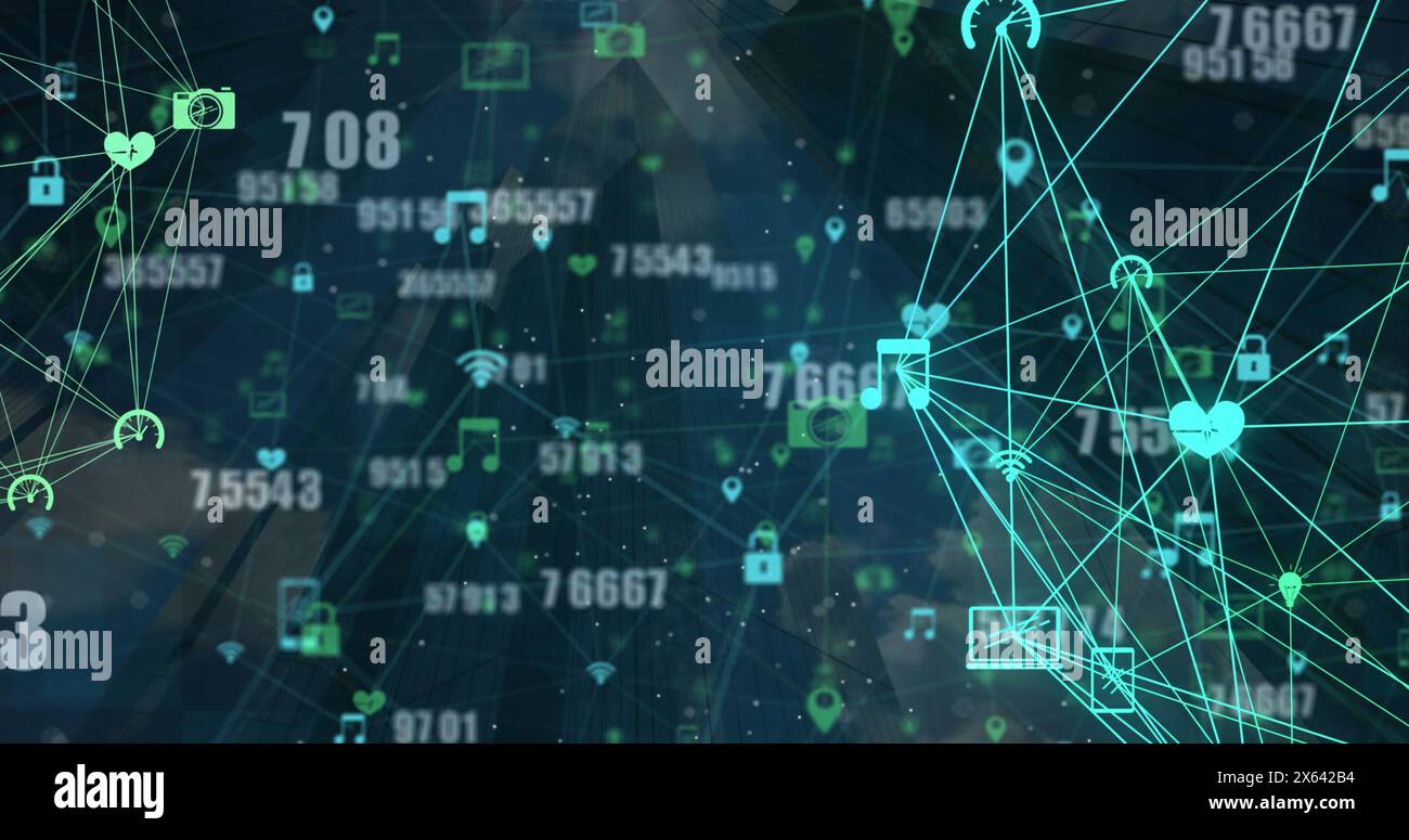 Image of changing numbers, connected icons forming globe against ...