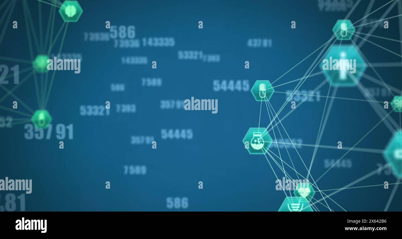 Image of connected icons globes and changing numbers over blue ...