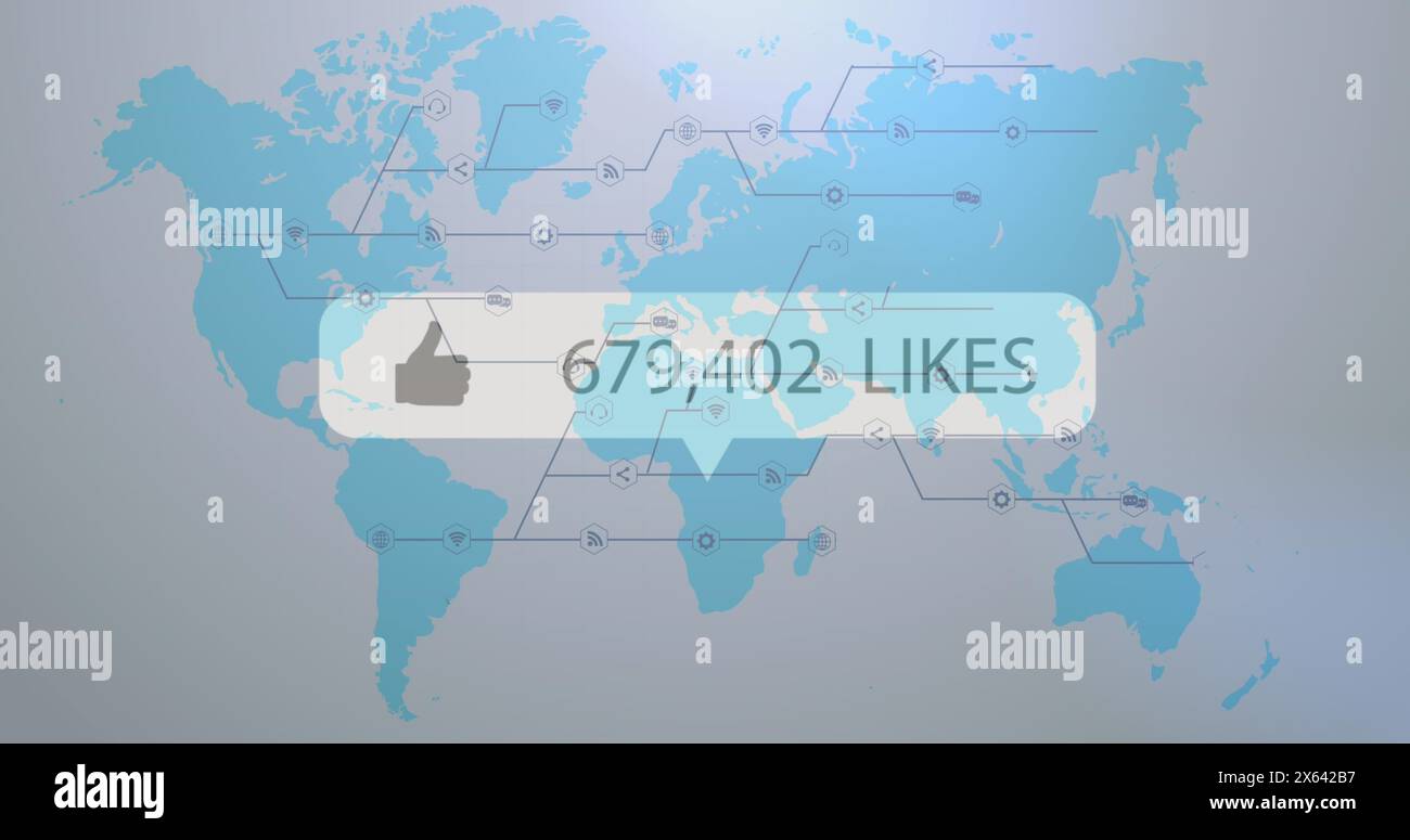 Image of thumbs up icon with increasing likes over world map against ...