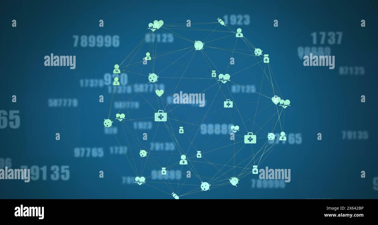 Image of connected icons forming globe with changing numbers over blue background Stock Photo ...
