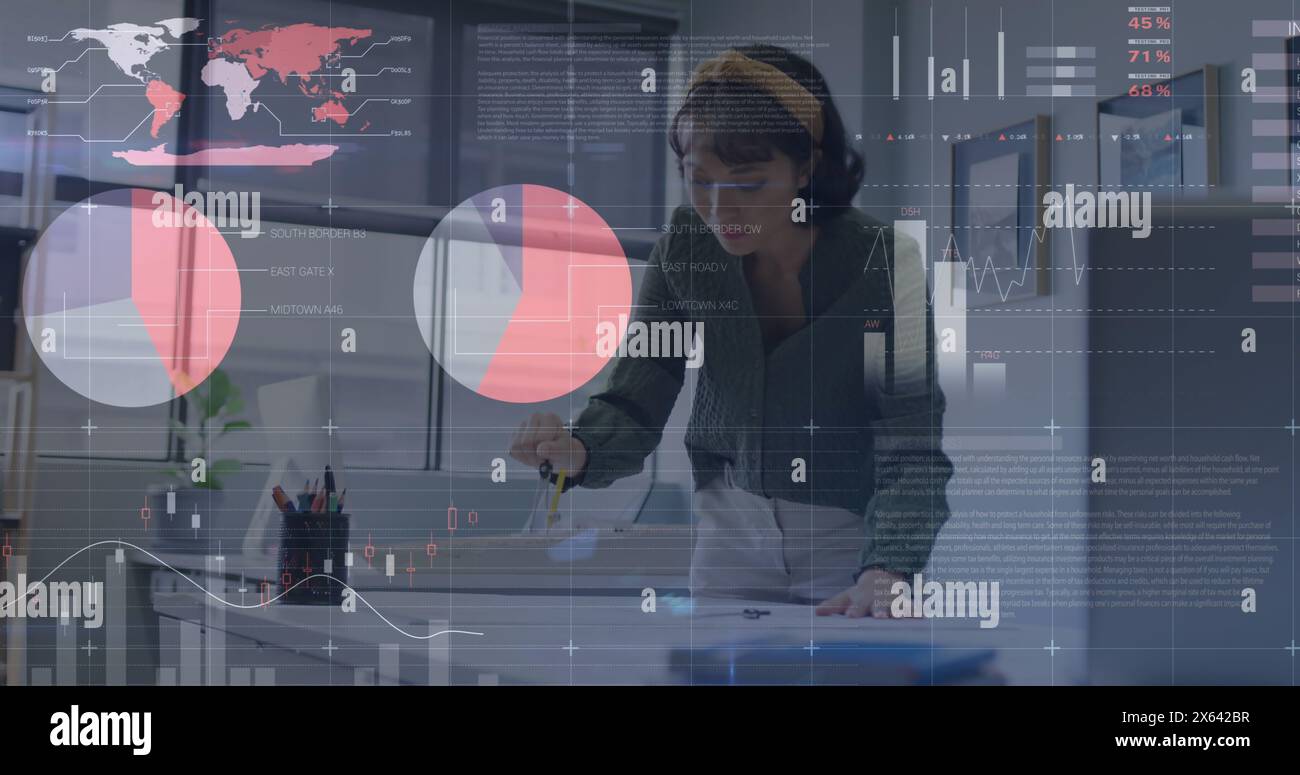Image of statistical data processing over asian woman using compass ...