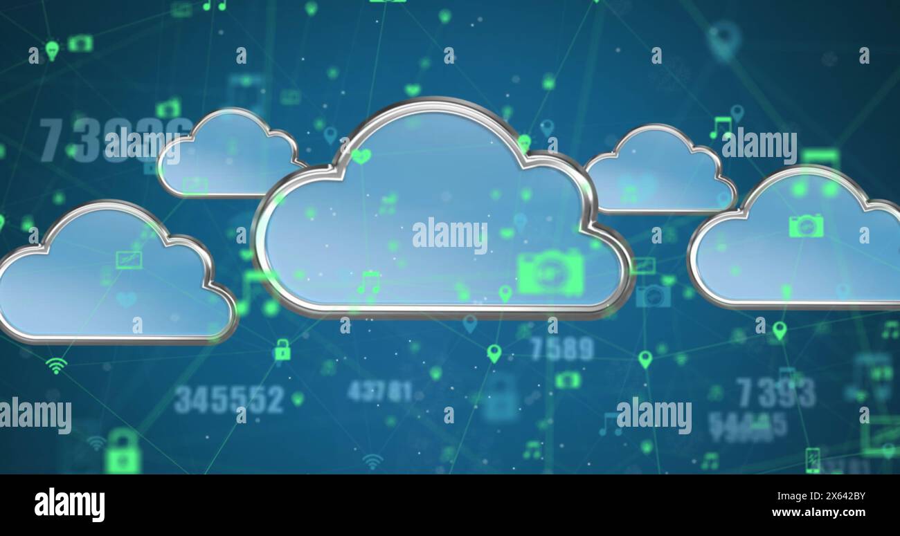 Image of clouds, changing numbers and connected icons over blue ...