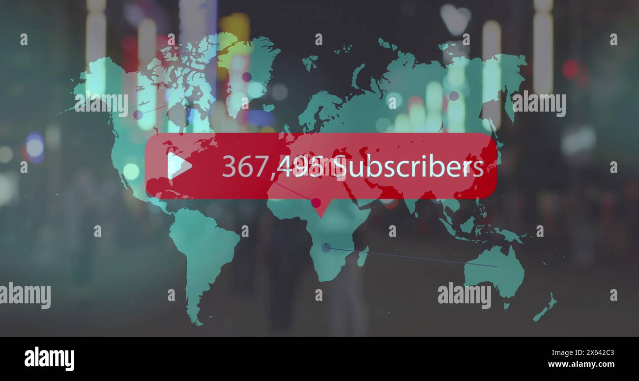 Image of play icon with increasing subscribers over world map against ...