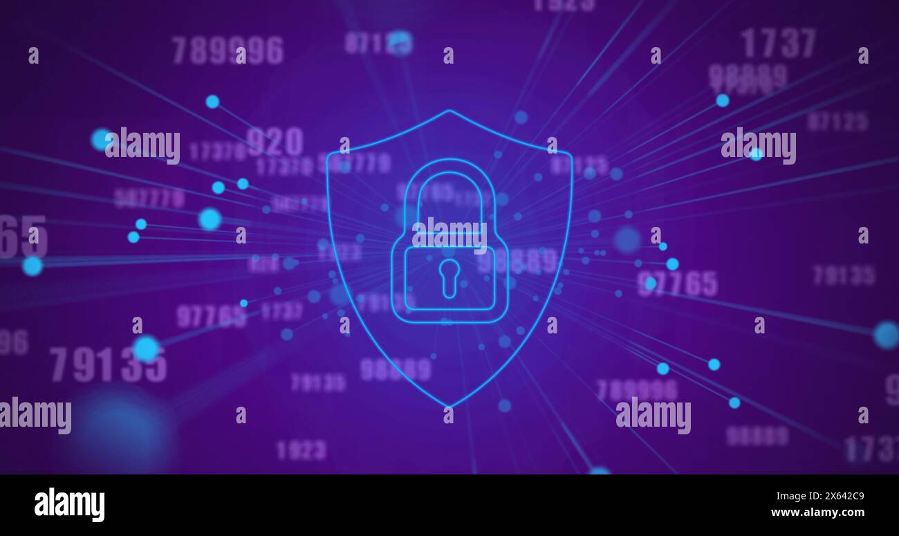 Image of dots around padlock in shield and changing numbers over blue ...