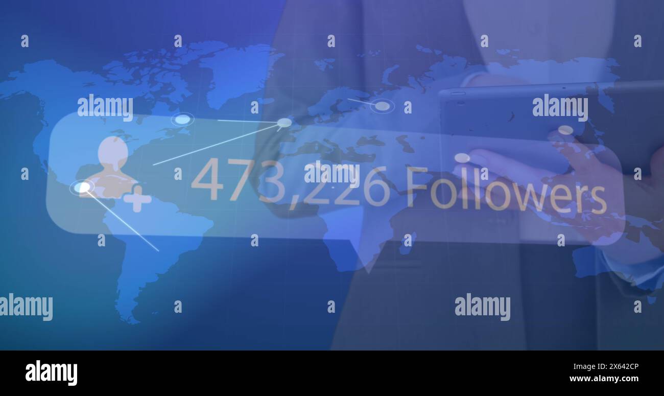 Image of profile icon with increasing followers over world map against woman using a tablet ...