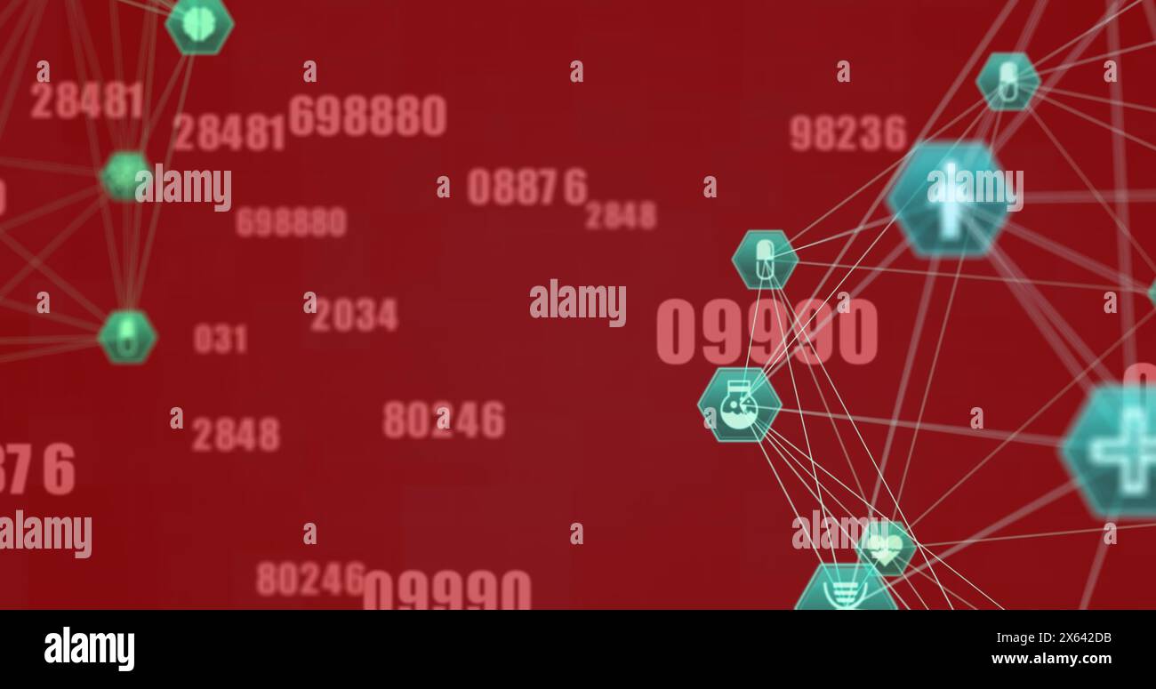 Image of multiple changing numbers and connected icons globes over red ... Image of multiple changing numbers and connected icons globes over red ...