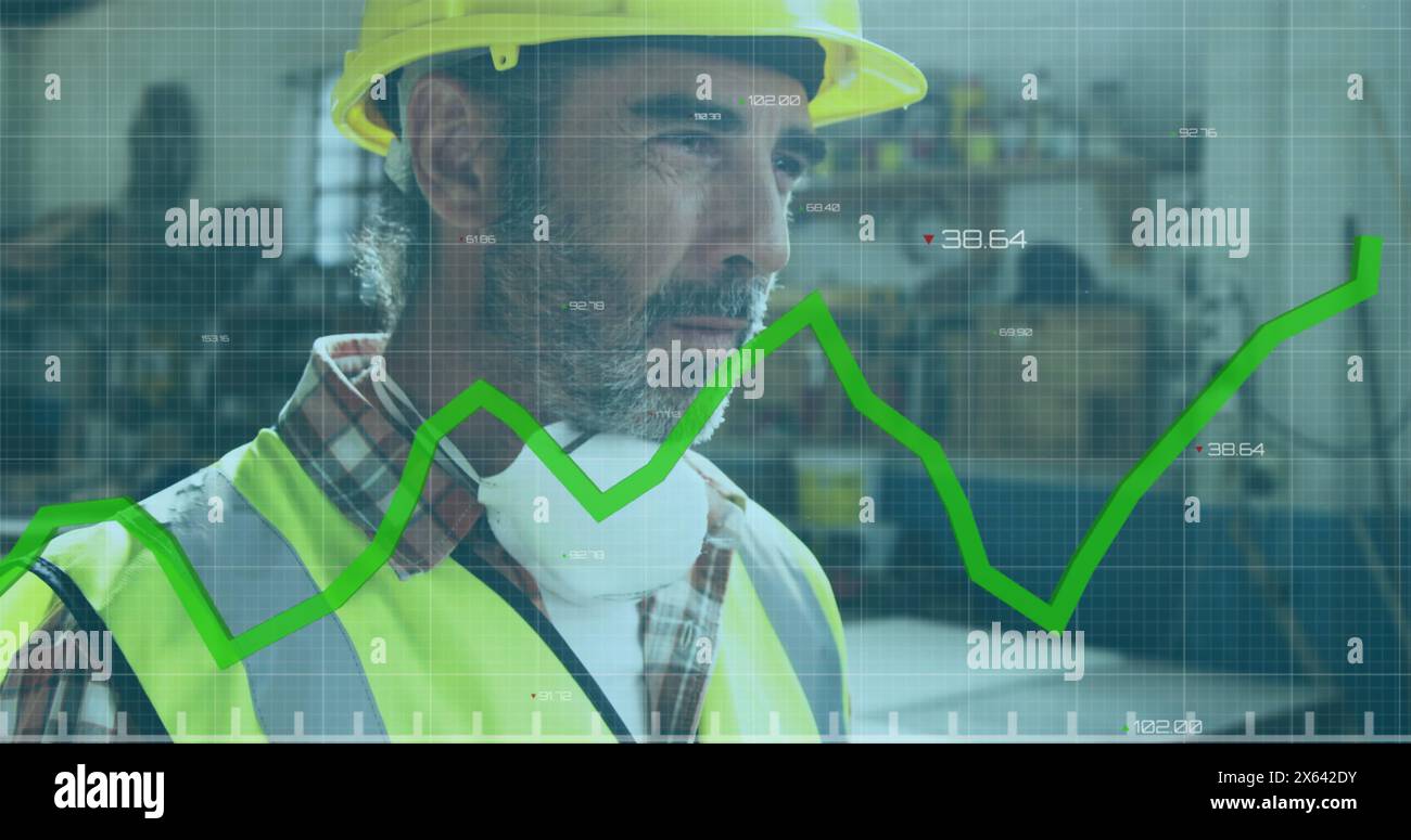 Image of green graph processing over caucasian male carpenter putting ...