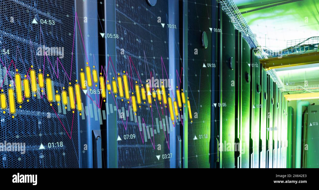 Image of statistical data processing against computer server room Stock ...