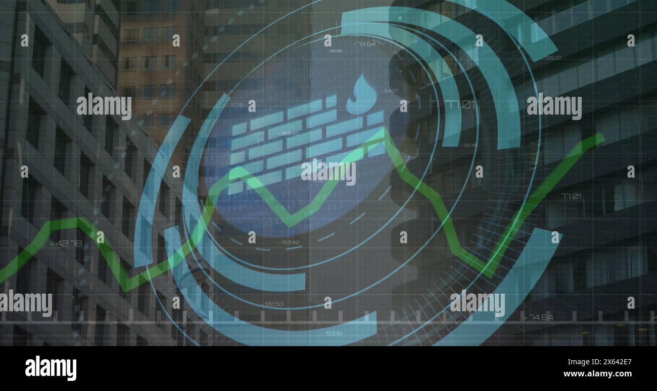 Image of firewall icon in loading circles, graphs and changing numbers over buildings Stock ...