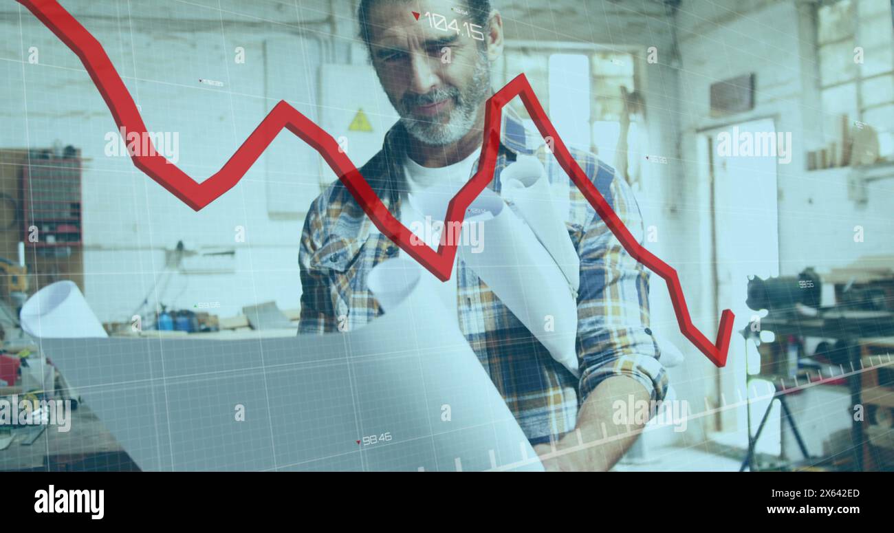Image of red graph processing over mature caucasian male carpenter with ...