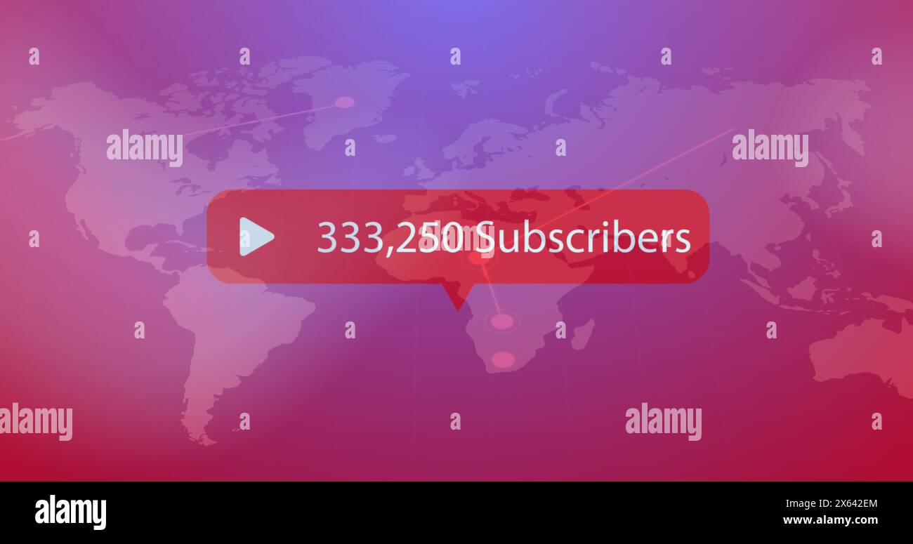 Image of play icon with increasing subscribers over world map against ...