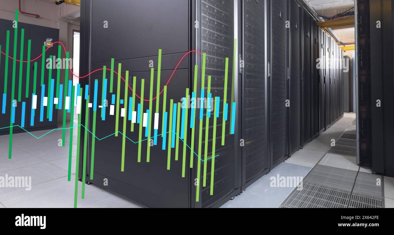 Image of multicolored graphs over data server racks in server room ...