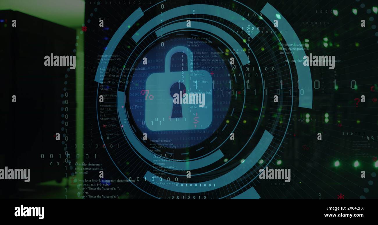 Image of security padlock icon on round scanner and binary coding against computer server room ...