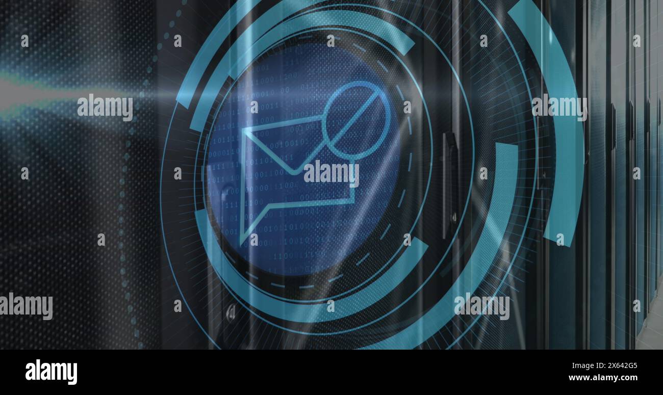 Image of message block icon on round scanner and light spot against computer server room Stock ...