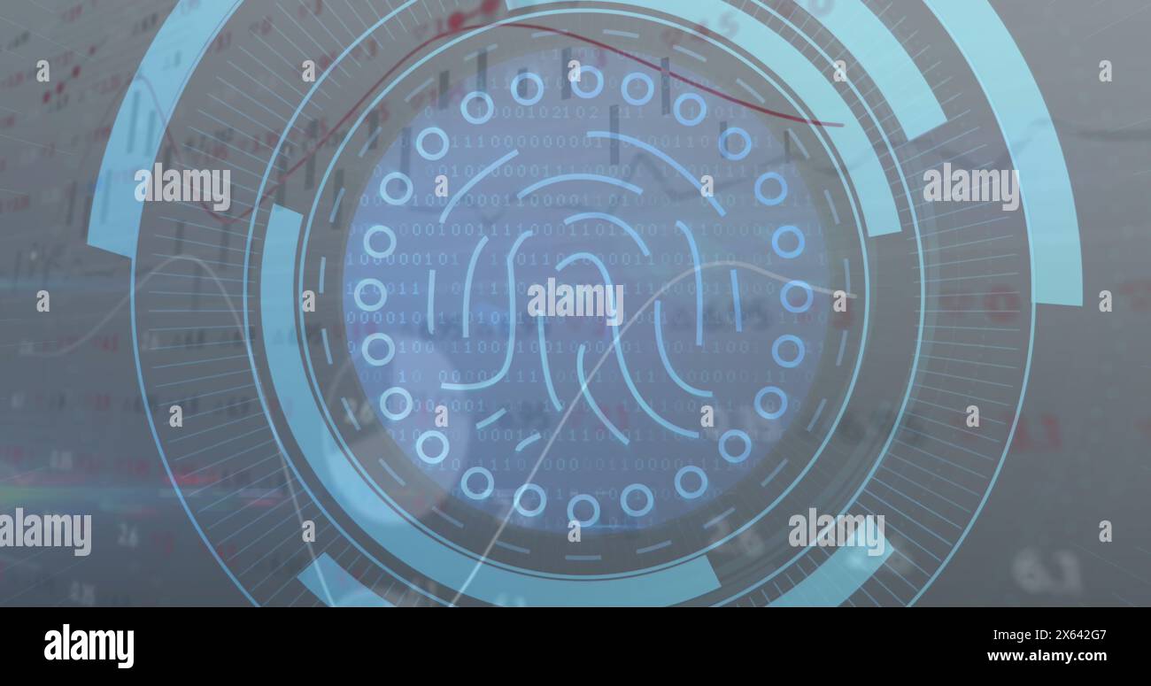 Image of biometric fingerprint scanner and stock market data processing ...