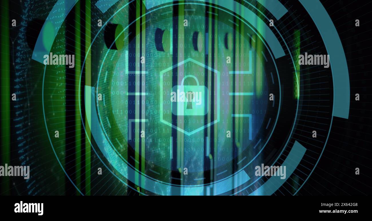 Image of security padlock icon on round scanner and spinning globe against computer server room ...