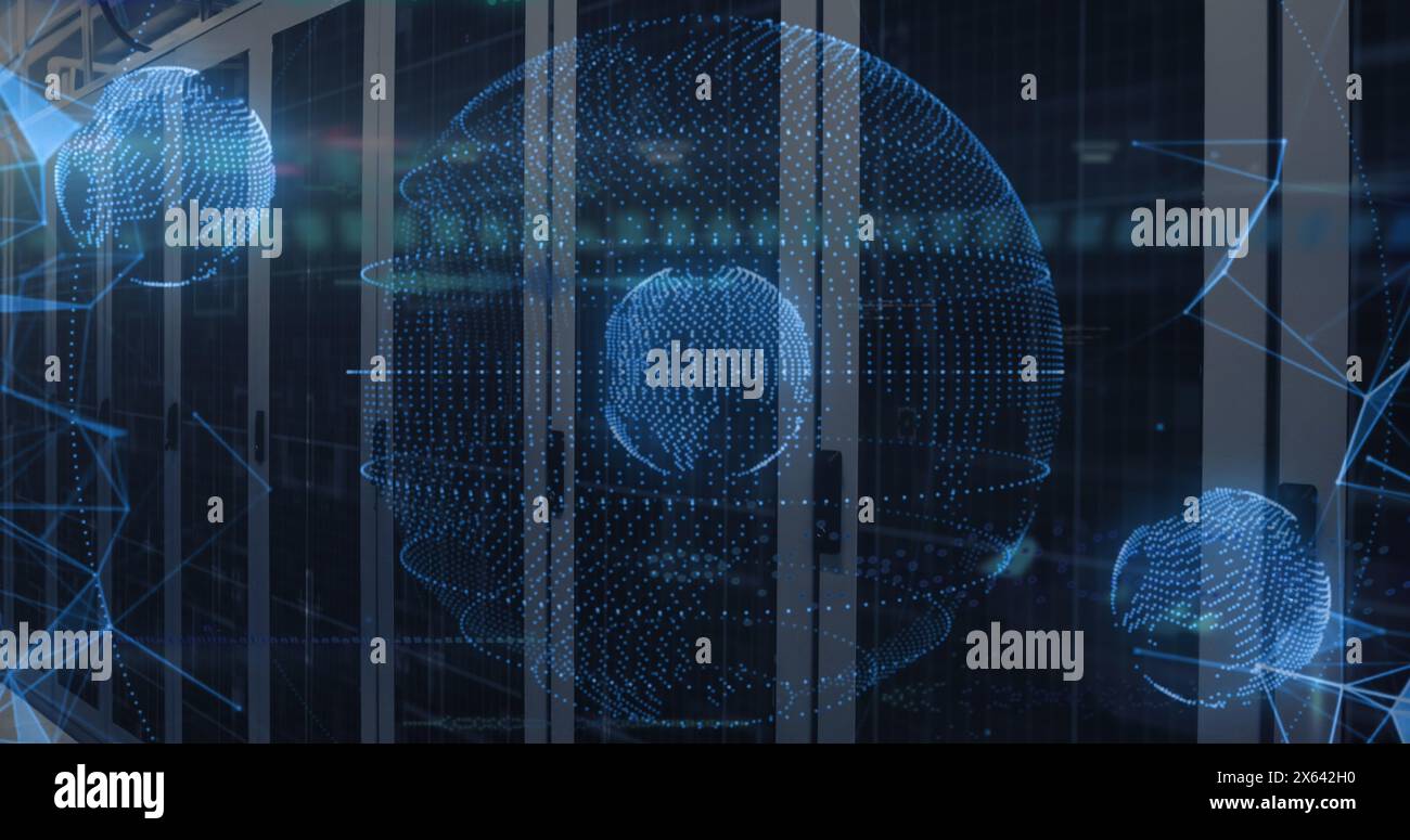 Image of spinning globes and light spots against computer server room ...