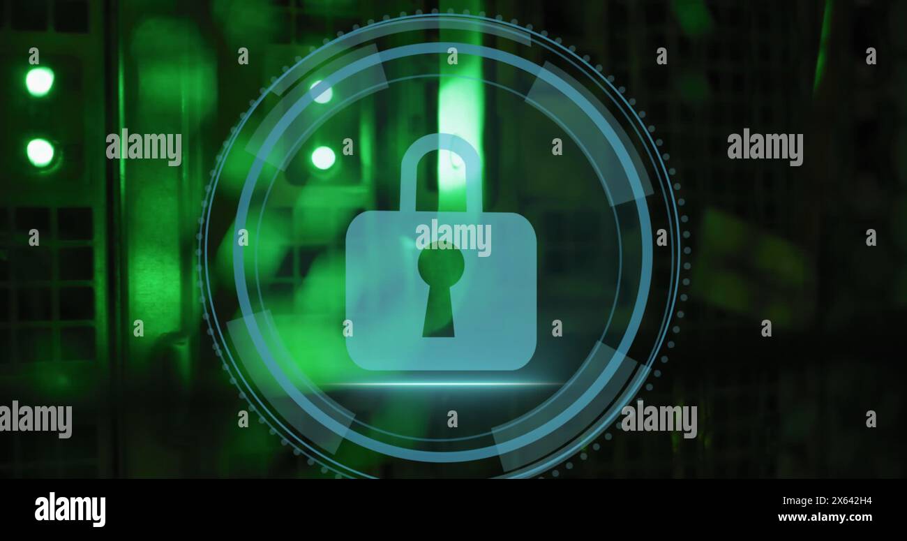 Image of cyber security text and security padlock icon on round scanner against server room ...