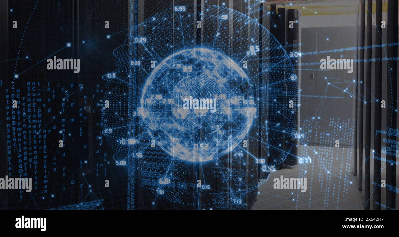 Image of data processing over spinning globe against computer server room Stock Photo - Alamy