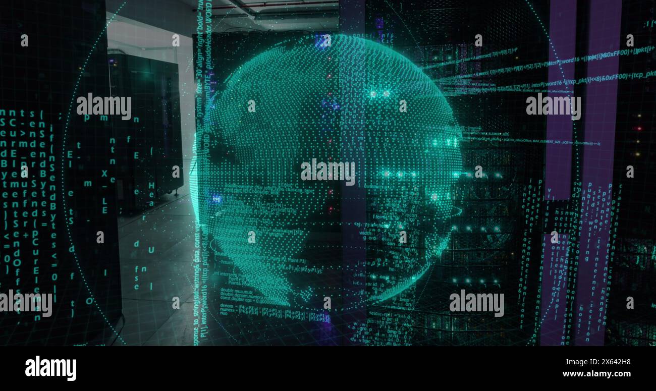 Image of data processing over spinning globe against computer server ...