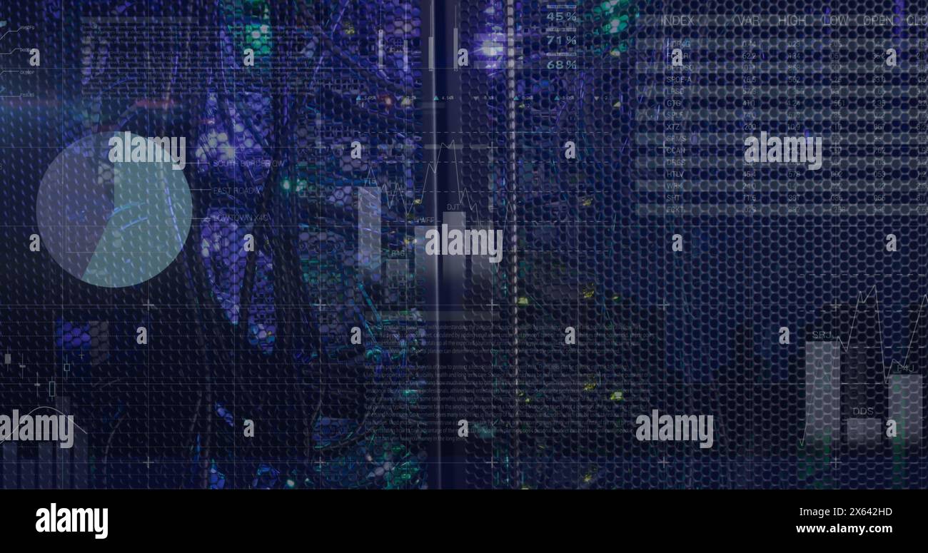 Image of statistical data processing against computer server room Stock ...