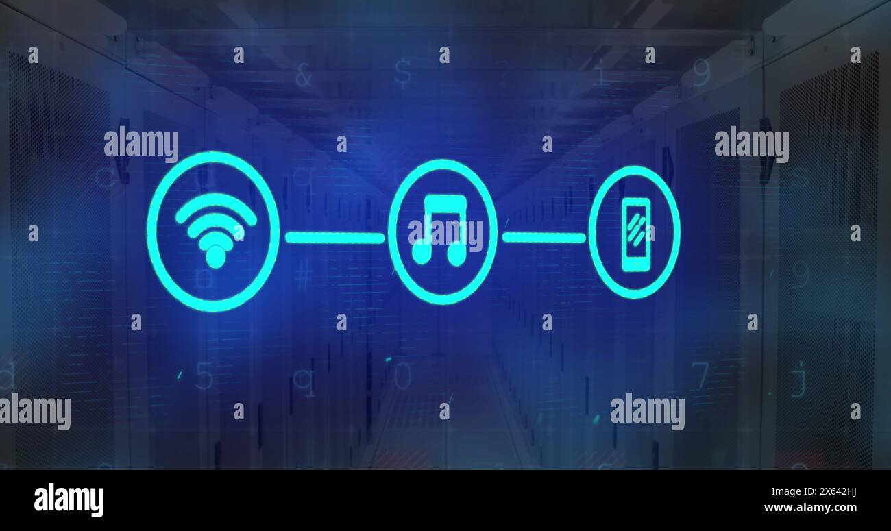Image of network of digital icons and blue light spot against computer ...