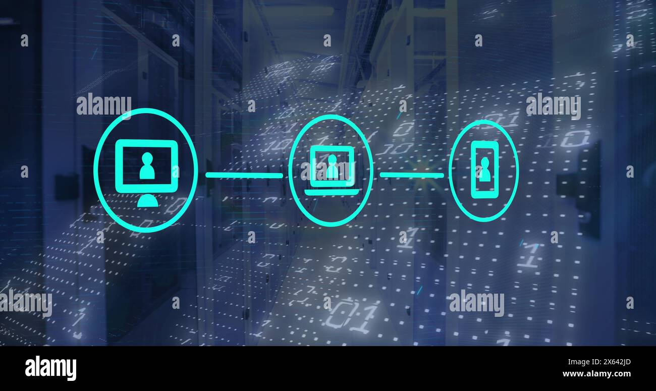 Image Of Network Of Digital Icons And Binary Coding Against Computer