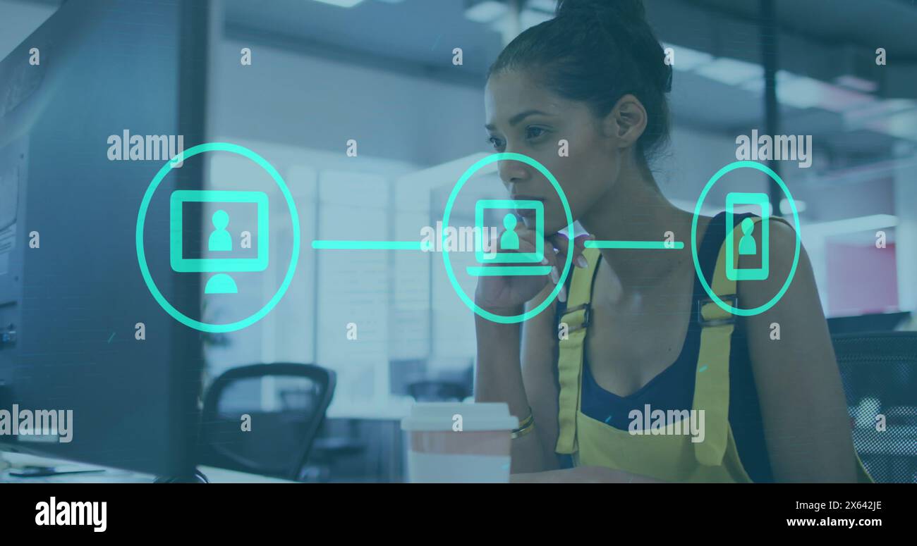 Image Of Statistical Data Processing Against Biracial Woman Using A Computer At Office Stock