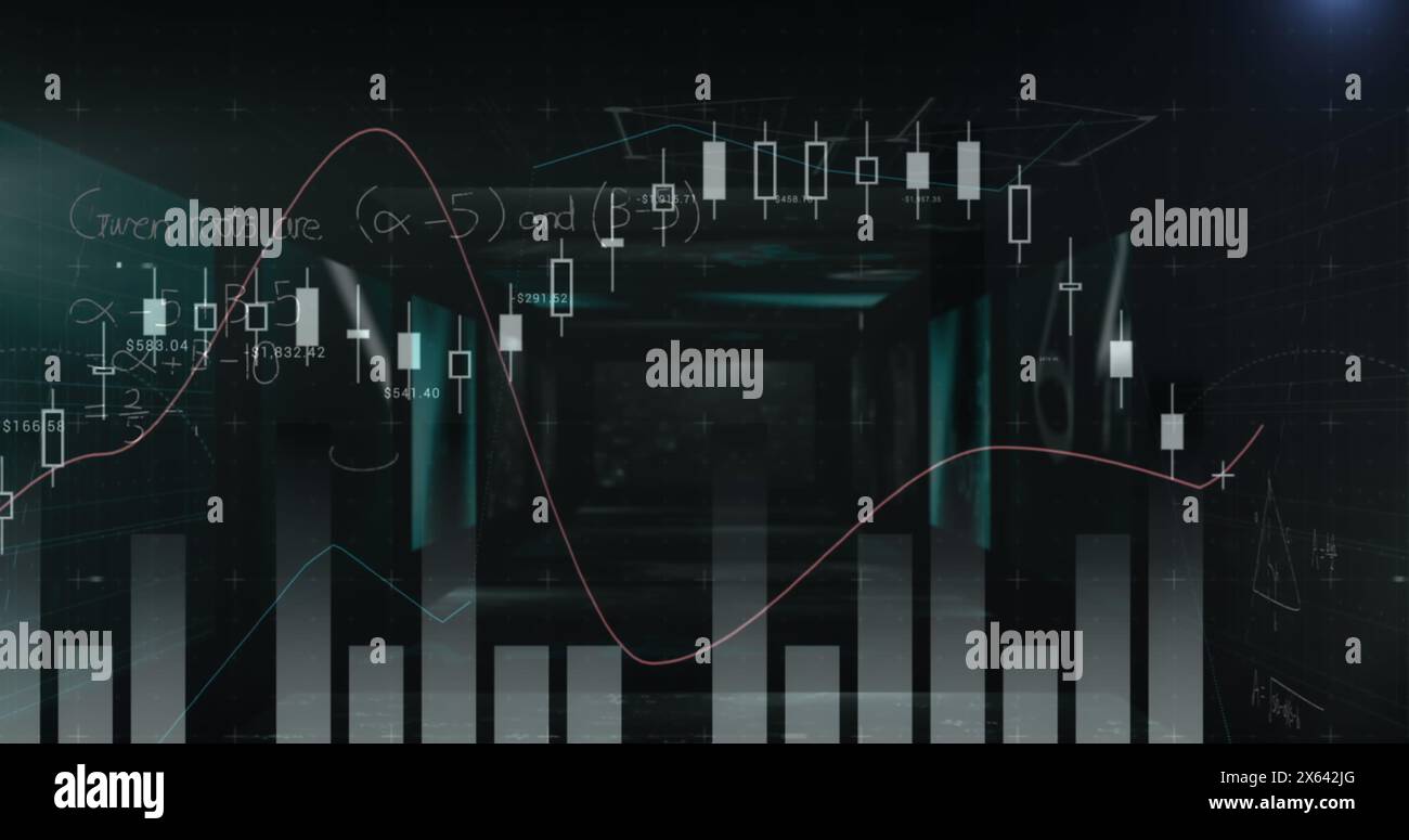 Image of mathematical equations and bar graphs against screens with ...