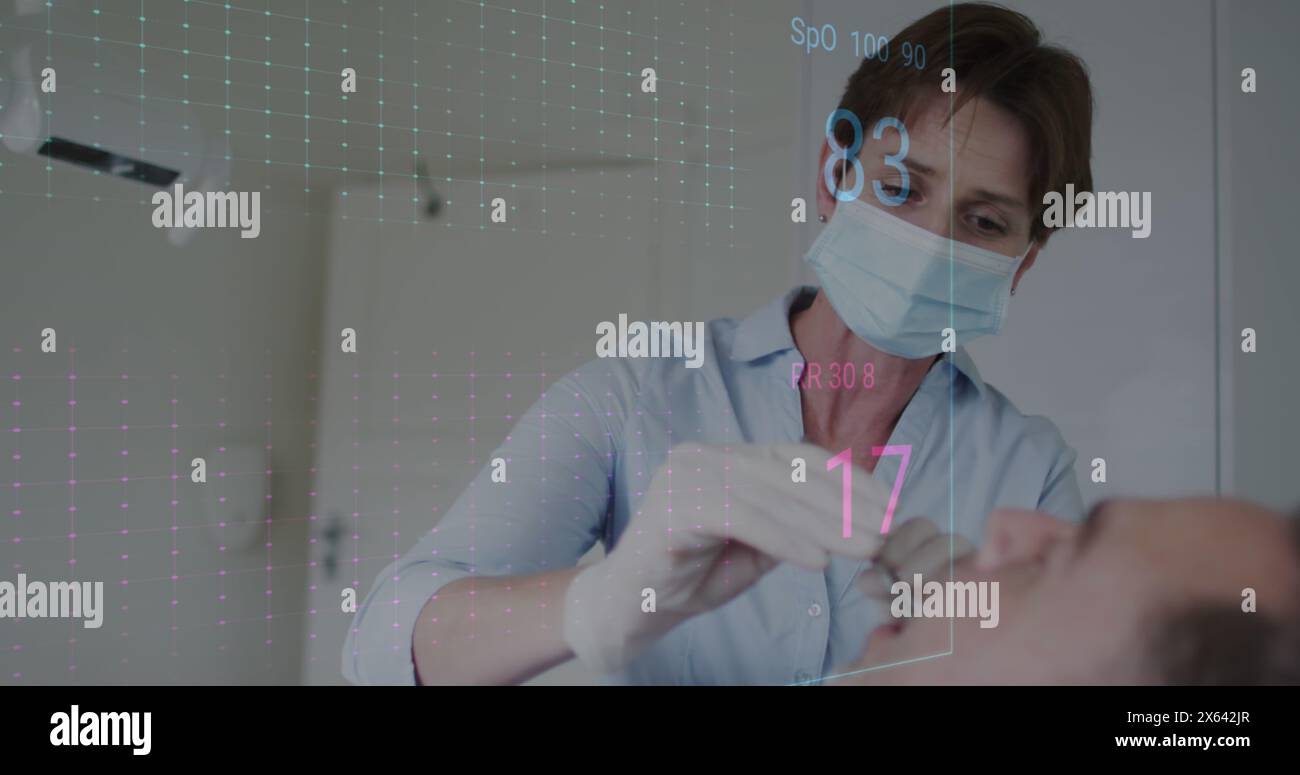 Image of heart rate monitor over caucasian female dentist examining ...
