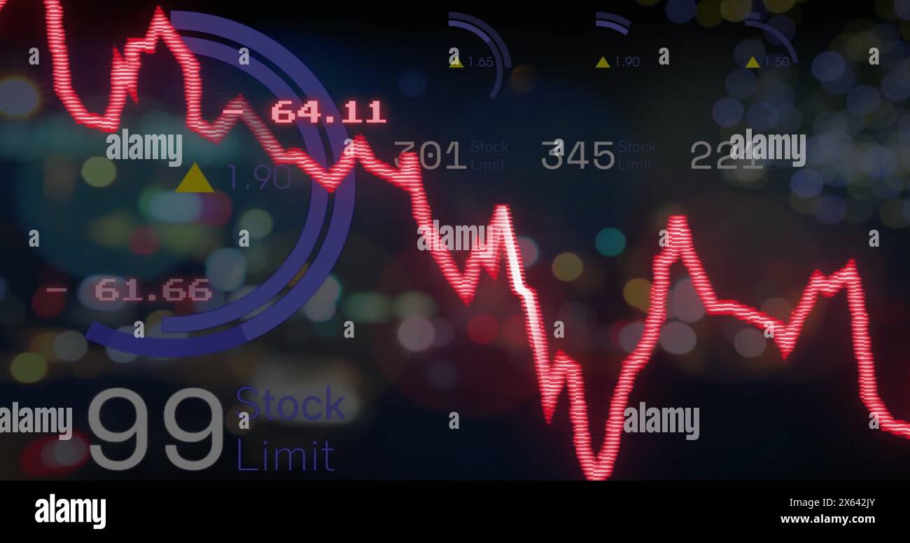 Image of red and white lines showing stock market trends overlay blurry ...